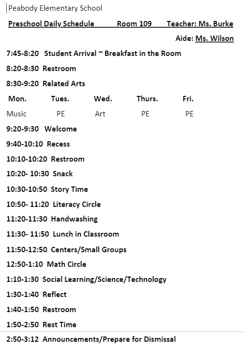 Burke, Karen - Preschool / Class Schedule