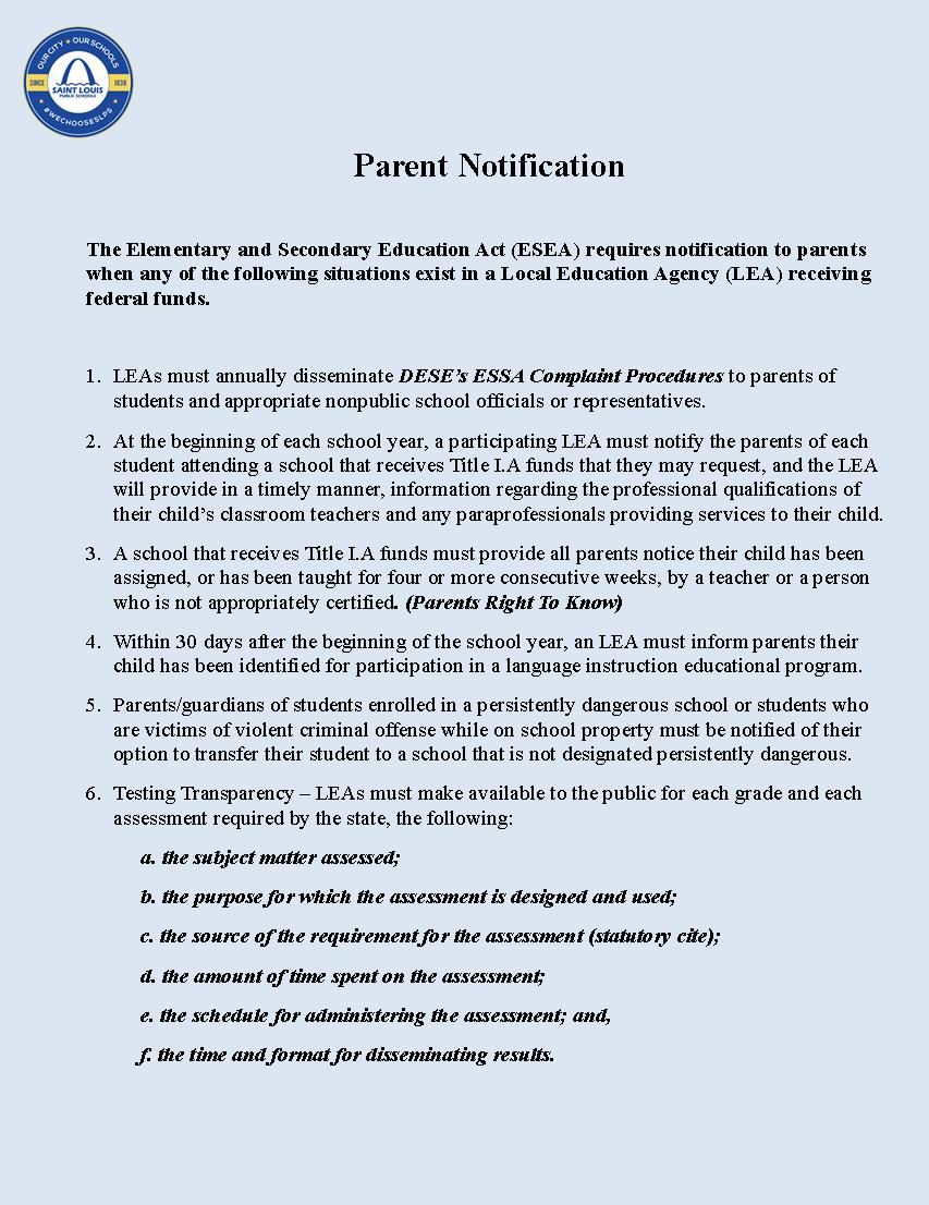 State and Federal Programs / Parent Notification